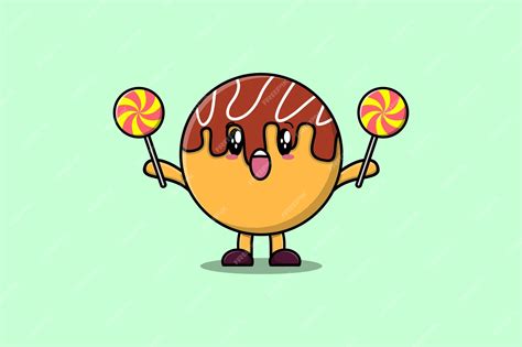 평평한 만화 삽화에서 롤리팝 사탕을 들고 있는 귀여운 만화 타코야끼 캐릭터 프리미엄 벡터