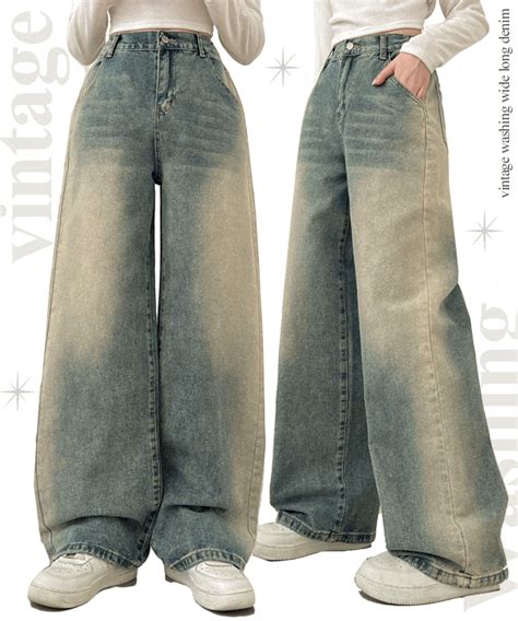 11할인 S~l뒷밴딩 빈티지워싱 와이드 롱 데님팬츠 에이블리