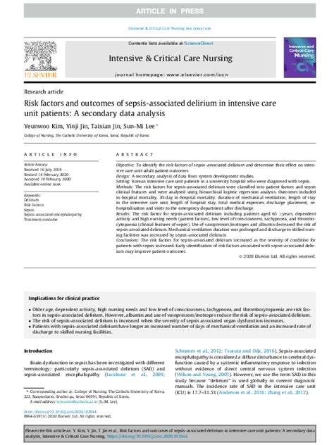 Pdf Risk Factors And Outcomes Of Sepsis Associated Delirium In