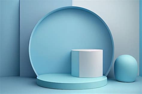 파란색과 흰색의 둥근 모서리가 있는 받침대 연단 기하학적 모양이 있는 플랫폼 프리미엄 사진