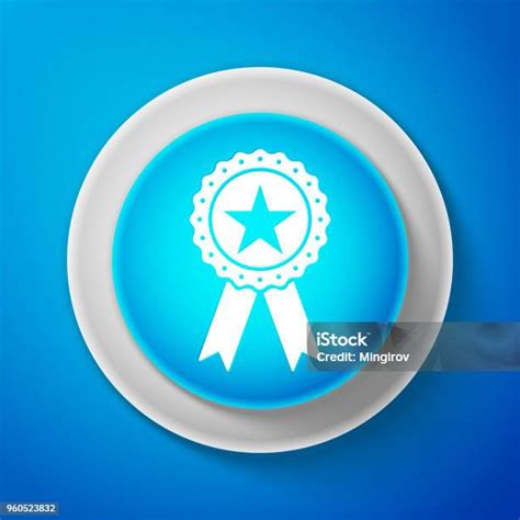 스타와 리본 아이콘이 파란색 배경에 고립 된 화이트 수상 메달 승자가 성과 기호 챔피언 메달의 상징 성공 기호입니다 화이트 라인 블루 원형 버튼입니다 벡터 일러스트 레이 션