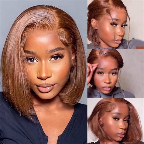 Aliglossy 4 Chocolate Brown Short Straight Bob 13x4 Lace Front Wig
