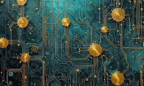 Close Up View Circuit Board With Gold Colored Circles And Lines Creating Complex And Intricate