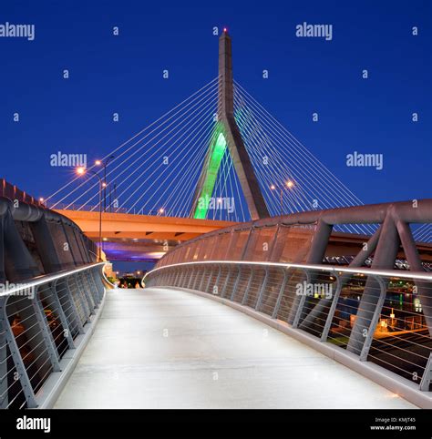 North Bank Walkway And Zakim Bridge At Night In Boston Massachusetts