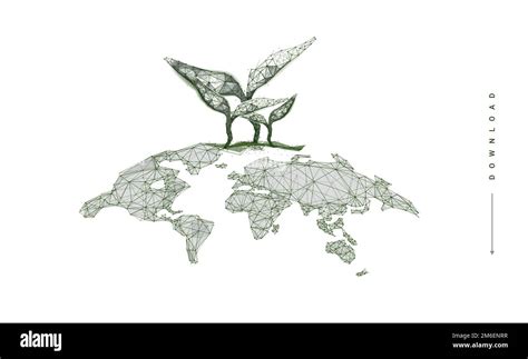 World Map With Grass Sprout Polygonal Wireframe Composition Ecology