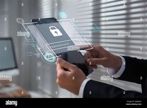 Privacy Protection Man Using Tablet In Office Closeup Digital Login Interface With Incorrect