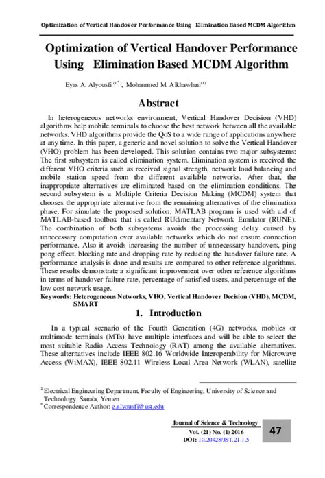 Pdf Optimization Of Vertical Handover Performance Using Elimination Based Mcdm Algorithm