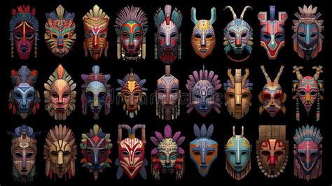 A Collection Of 25 Colorful African Tribal Masks Displayed Against A