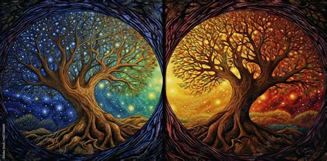 Colorful Trees Of Life Symbol Of The Life Cycle And The Link Between