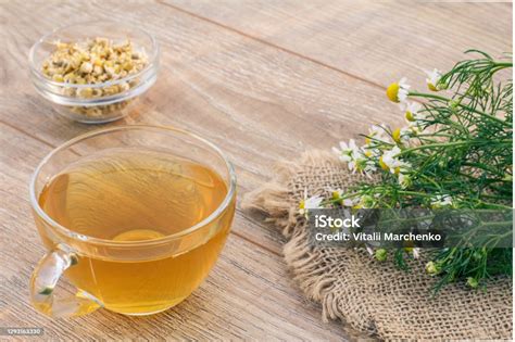 나무 배경에 신선하고 건조한 흰색 카모마일 꽃이있는 녹차 유리 컵 0명에 대한 스톡 사진 및 기타 이미지 0명 건강관리와 의술 건강한 식생활 Istock