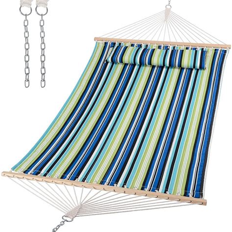 12 Ft Double Tree Hammock With Hardwood Spreader Bar Extra Large Soft Pillow Green Stripes
