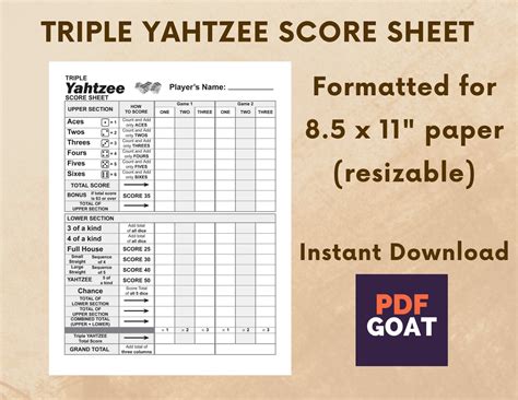 Triple Yahtzee Score Sheet Printable File Pdf Download 8 5x11 In