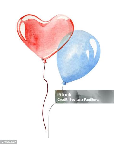 수채화 빨간 마음 와 파란 풍선 통하고 있는 백색 배경 고립된 통하고 있는 생일 축하해요 발렌타인 데이 수채화 그림 디자인 공휴일에 대한 스톡 벡터 아트 및 기타 이미지