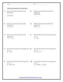 Recursive Sequence Worksheets Worksheets Library