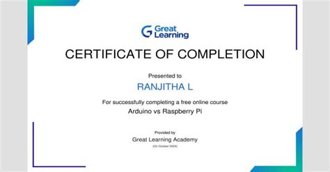 Ranjitha L On Linkedin Arduino Vs Raspberry Pi Course Completion Certificate For Ranjitha L