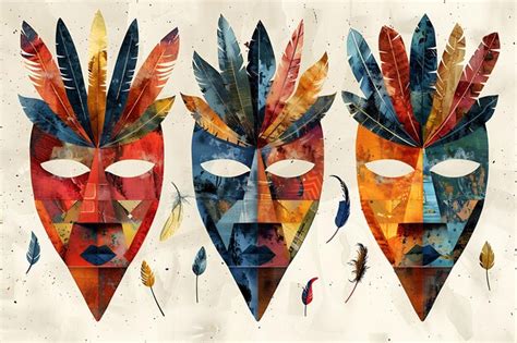 Premium Photo Tribal Masks Made Of Torn Bark And Feather Collage