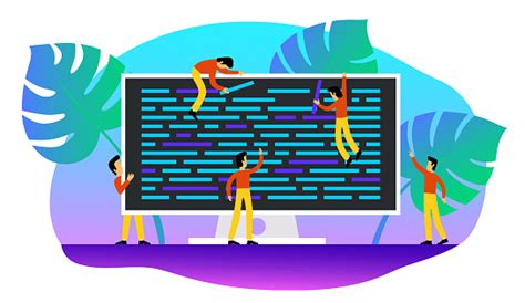 대형 모니터에 코드를 작성 하는 프로그래머의 팀 조화로 운 작업 개념에 대한 스톡 벡터 아트 및 기타 이미지 개념 개발