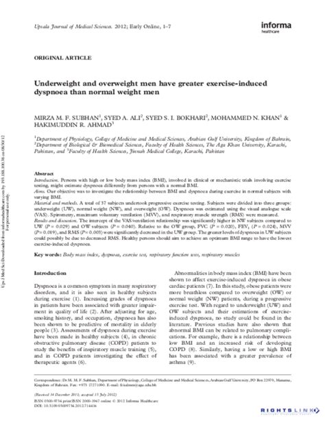 Pdf Underweight And Overweight Men Have Greater Exercise Induced