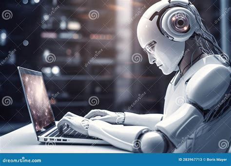 Ai Robot Sitting On A Desk Working And Typing Using A Laptop Stock Image Image Of Automation