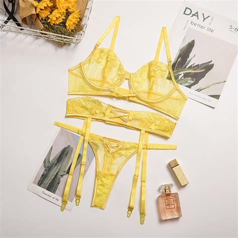 Hirigin Underwear Sets Fashion See Through Lace Floral Yellow Lingerie Suits Bra Panty Girdle