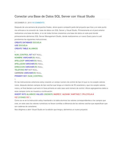 Conectar Una Base De Datos Sql Server Con Visual Pdf Servidor Sql De Microsoft Tabla Base