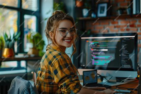 Happy Female Programmer Debugging App On Modern Workstation Premium Ai Generated Image
