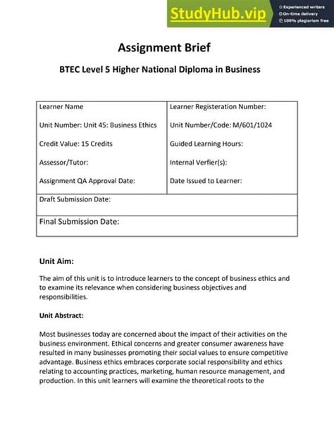 Assignment Brief Btec Level 5 Higher National Diploma In Business Pdf