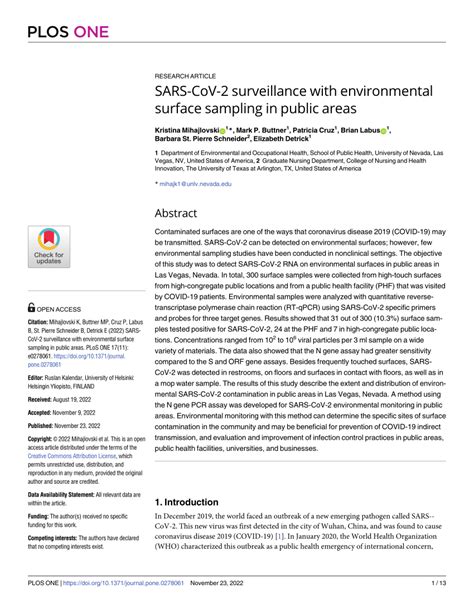 Pdf Sars Cov 2 Surveillance With Environmental Surface Sampling In