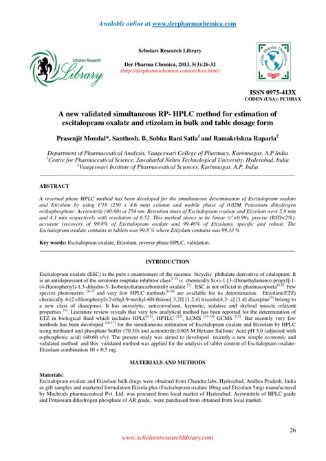 Pdf A New Validated Simultaneous Rp Hplc Method For Estimation Of Escitalopram Oxalate And