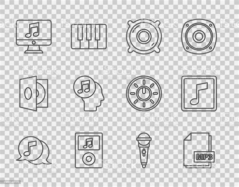 음성 거품 Mp3 파일 문서 스테레오 스피커 플레이어 음악 인간의 머리 마이크와 노트 톤 아이콘에 라인 음악 노트를 설정합니다 벡터 Mp3 플레이어에 대한 스톡 벡터 아트