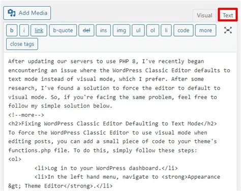 fix wordpress classic editor defaulting to text mode php 8