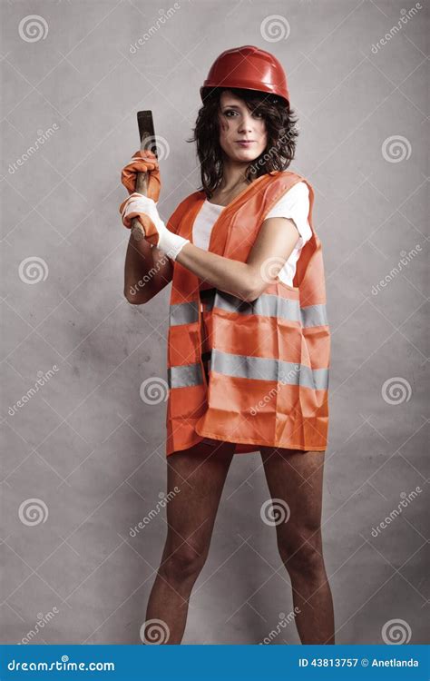 Sexy Girl In Safety Helmet Holding Hammer Tool Stock Photo Image 43813757