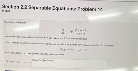 Solved Section 2 2 Separable Equations Problem 14 1 Point