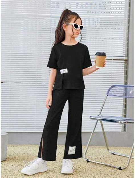 Buy Shein Tween Girl Slogan Patched Detail Split Hem Tee And Pants Online Topofstyle