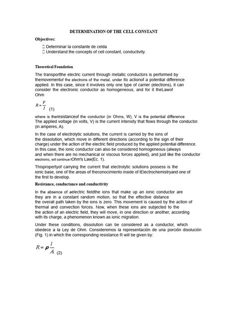 Determination Of The Cell Constant Pdf Electrical Resistivity And