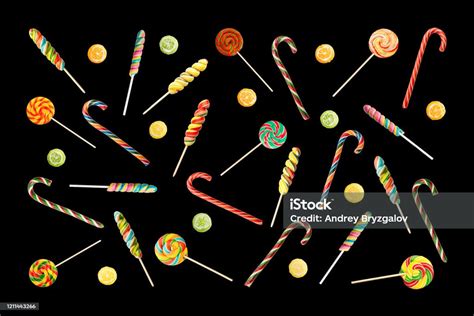 달콤한 롤리팝 검은 배경 상단보기에 고립 된 사탕 지팡이 다채로운 사탕구 당신의 디자인을위한 축제 과자 플랫 누워 검은색에 대한