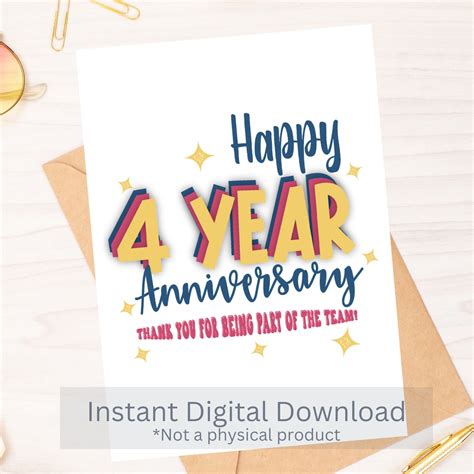 Happy 4 Year Anniversary Work Anniversary Card Instant Download Pdf