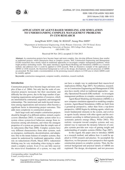 PDF Application Of Agent Based Modeling And Simulation To Understanding Complex Management