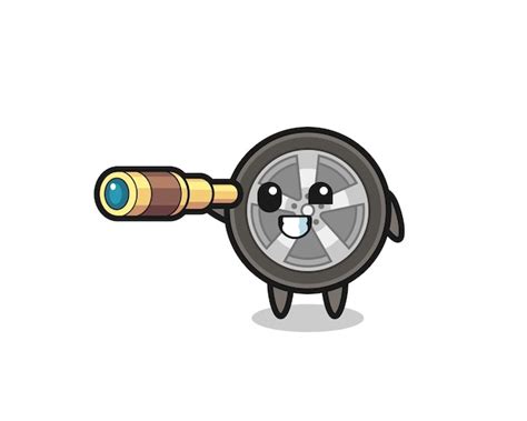 Premium Vector Cute Car Wheel Character Is Holding An Old Telescope