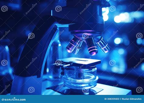 Close Up Of Microscope Lenses Focused On A Specimen In Blue Light Stock
