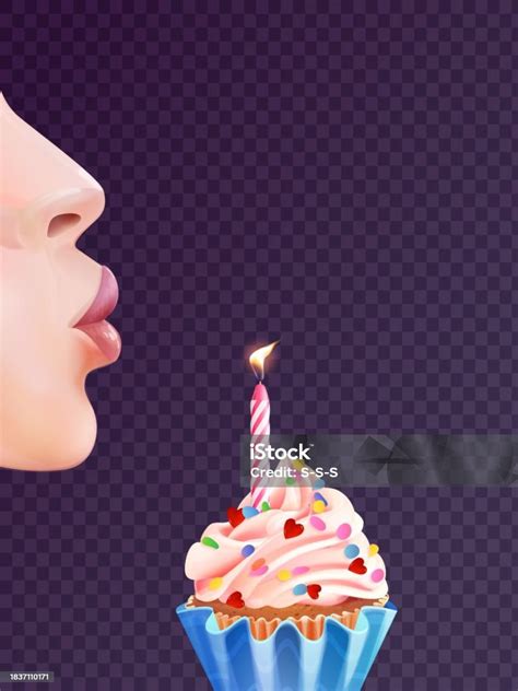 촛불을 부는 소녀 여자 또는 아이는 생일 케이크에 불고 소원을 빌고 현실적인 입술은 달콤한 컵 케이크 파티 행복 축하 재미있는