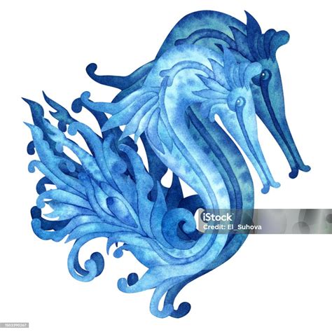 모자와 보석을 입고 있는 파란 판타지 해마의 흑백 수채화 삽화 초대장 패턴 직물 월페이퍼 스티커 엽서 고립 색상에 대한 스톡