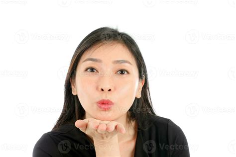 Facial Expression Young Asian Woman Office Attire White Background Blow
