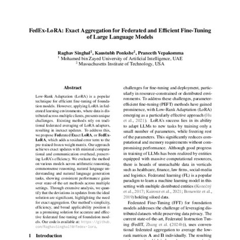 Fedex Lora Exact Aggregation For Federated And Efficient Fine Tuning Of Large Language Models