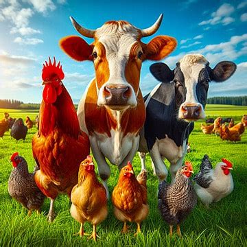 Cows And Hen On A Green Field Cow Field Cow Farm Dairy Farm
