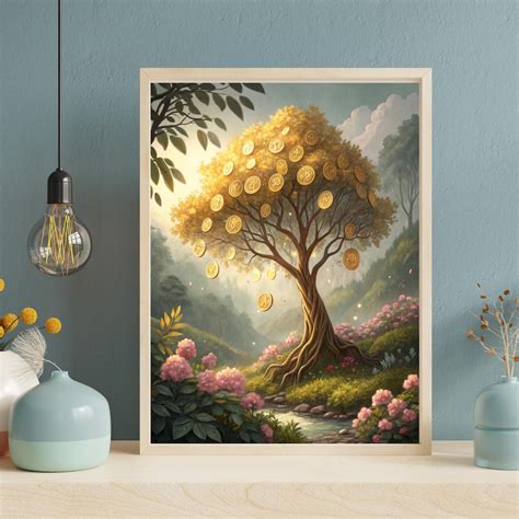 Money Tree Wall Art Prosperity Decor Printable Golden Fung Shui