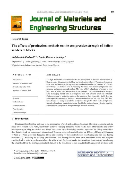 Pdf The Effects Of Production Methods On The Compressive Strength Of Hollow Sandcrete Blocks