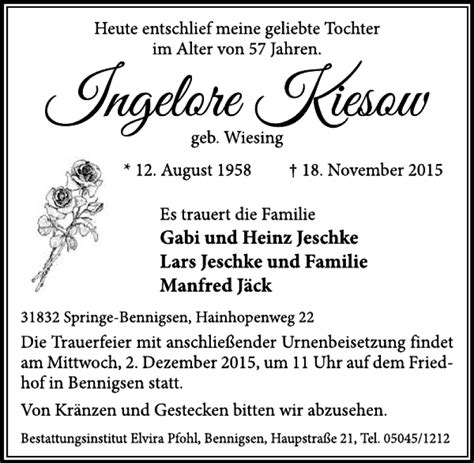 Traueranzeigen Von Ingelore Kiesow Trauerportal Ihrer Tageszeitung
