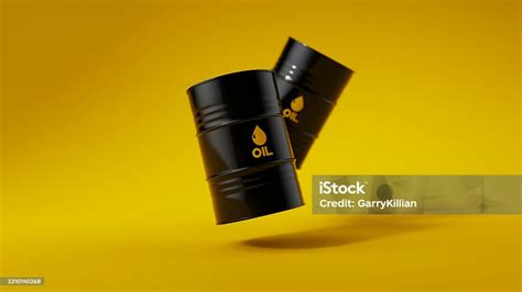 노란색 배경에 두 개의 떠 다니는 검은 금속 기름통 그림자가 있는 정면도 떨어지는 연료 탱크 석유 산업 개념 3d 렌더링 일러스트레이션 3차원 형태에 대한 스톡 사진 및