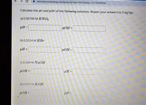 solved calculate the ph and poh of the following solutions